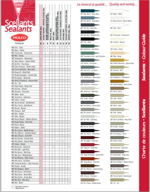 Charte des couleurs calfeutrages - Arcan Aluminium